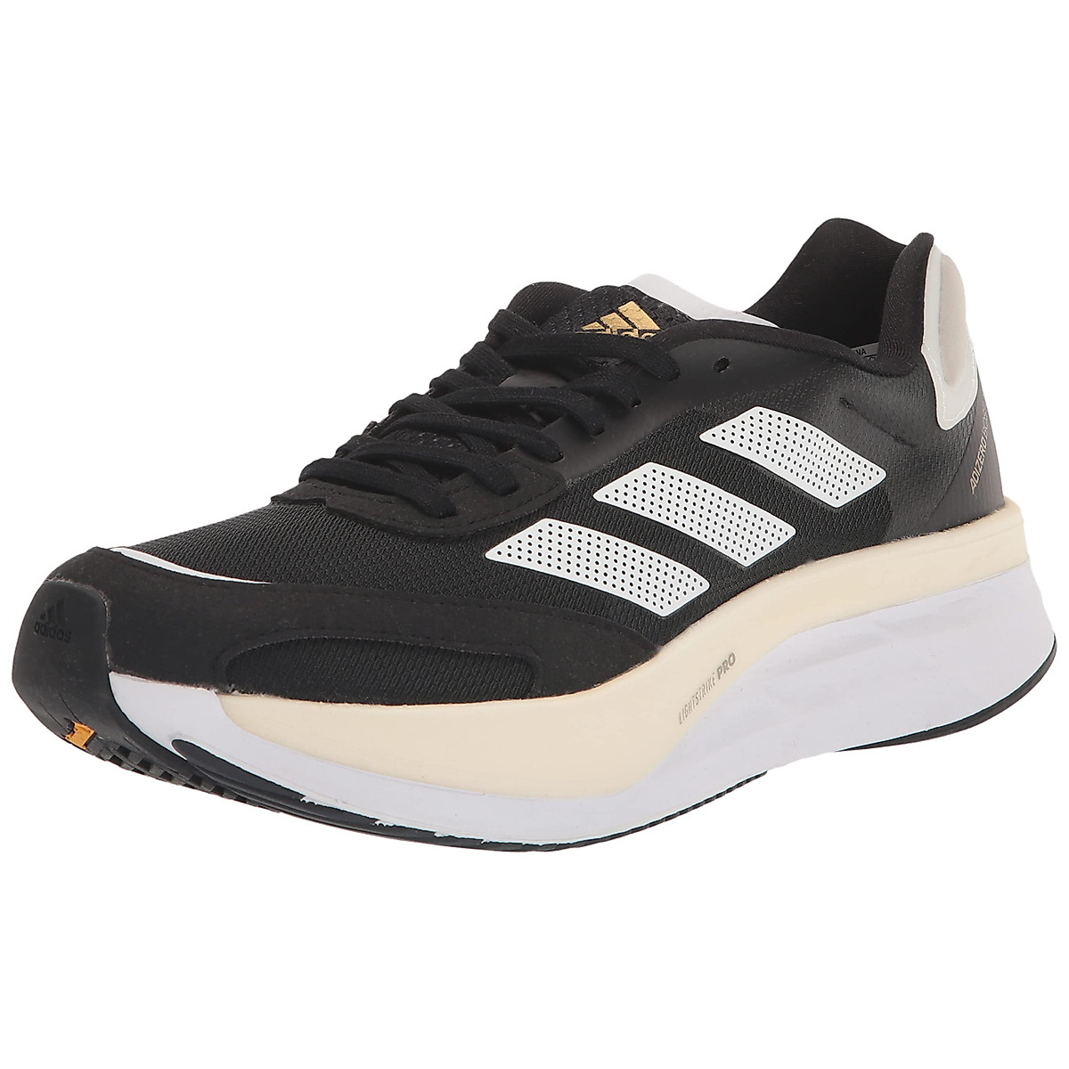 adidas Men's Adizero Boston 10 Sneaker, Black/White/Gold Metallic, 11