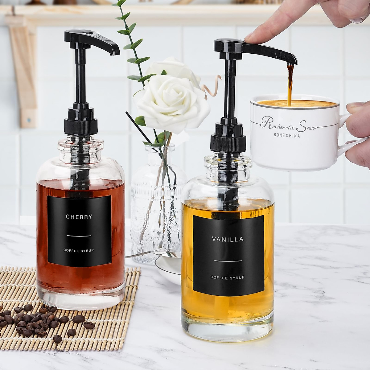 MUVEKA Coffee Syrup Dispenser for Coffee Bar, Glass Syrup Dispenser with Pump, Coffee Syrup Pump Dispenser Bottle with Tray, Spoon for Coffee Station, Coffee Bar Organizer, Black,16.9 oz, 500 ml