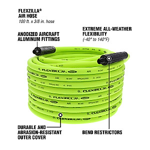 Flexzilla Air Hose, 3/8 in. x 100 ft., 1/4 in. MNPT Fittings, Heavy Duty, Lightweight, Hybrid, ZillaGreen - HFZ38100YW2