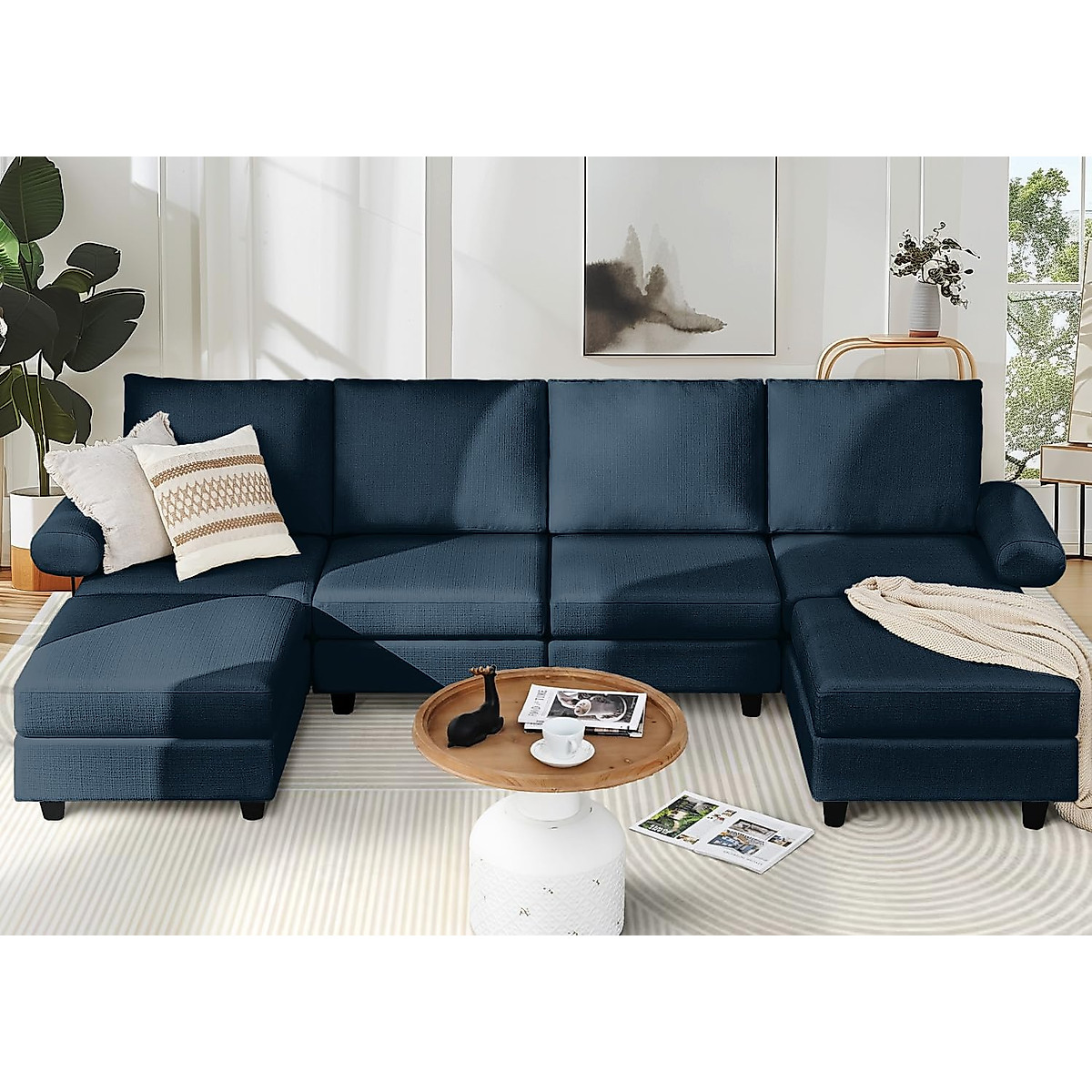 HALLYBEE Sectional Couches for Living Room Breathable Linen Oversized U Shaped Couch Convertible with Storage Modular Sectional Sofa with Ottoman 6 Seats Sectional Sofa Blue