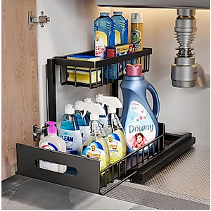 Organizer and Storage, Under Sink, Countertop, Bathroom Vanity Top, Cabinets, Tabletop Storage Organizer +GIFT 4 Hooks and Hanging Cup, 2 Tier, Bathroom or Vanity, Slide Out Shelf, Black Metal No rust