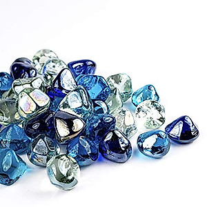 Chilli Cosmos Fire Glass Diamond 1 InchFire Pit Glass Rocks for Propane or Gas Fire Pit （10 Pounds White/Cobalt Blue/Margarita Azura Blue Blend） Gift Package