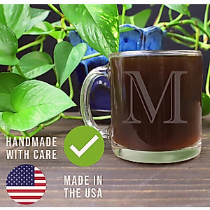 Spotted Dog Company Etched Monogram 12oz Clear Glass Coffee Mug (Letter M), A-Z Customized Coffee Gifts for Coffee Lovers, Custom Engraved Gifts for Women Her, Personalized Gift for Men, Initial