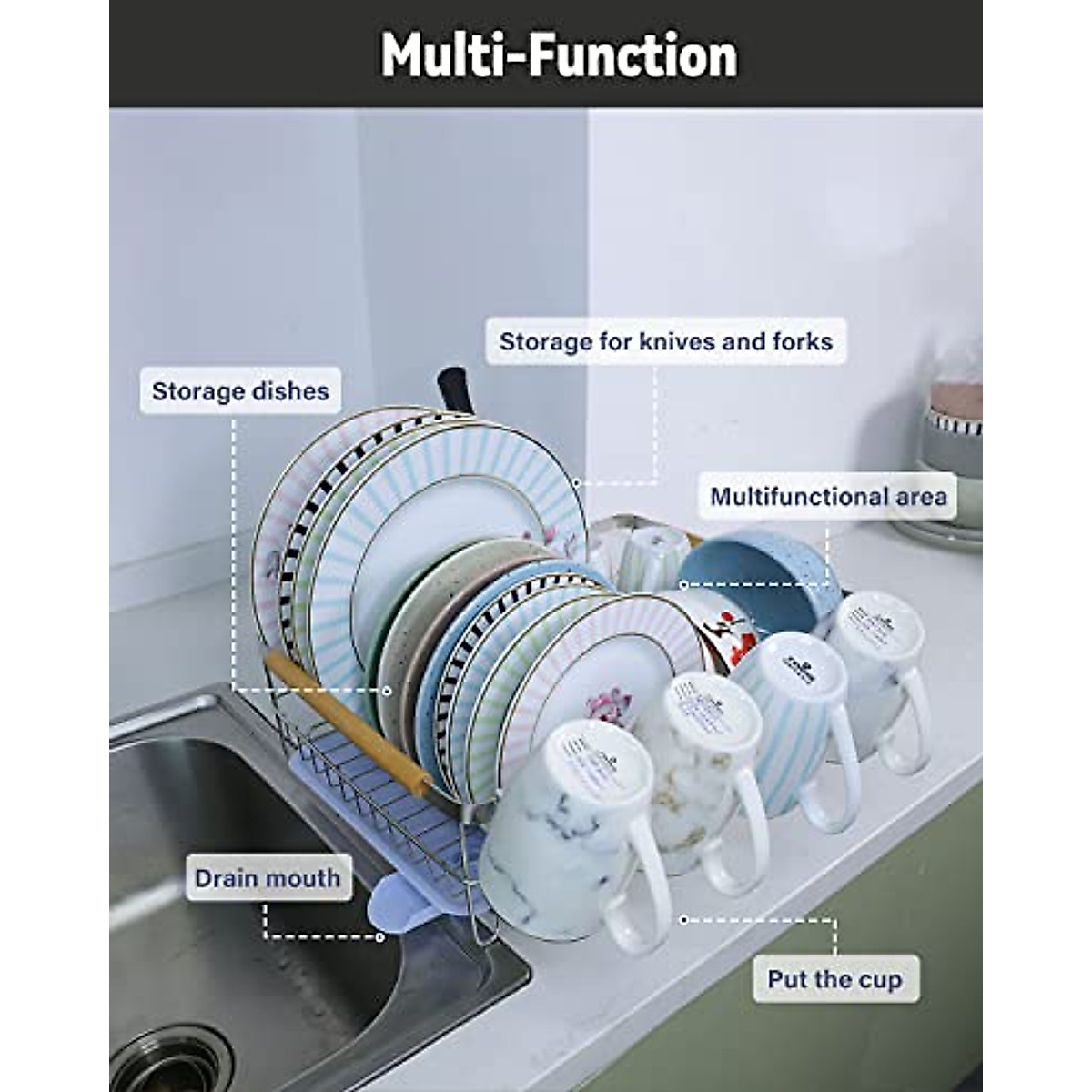 FLIORS Dish Drying Rack Stainless Steel, Dish Racks for Ditchen Counter, Rotating Spout, Detachable Draining Board, Scratch Proof, Rust Proof, Dish Rack for Cups, Cutlery and Cutting Boards