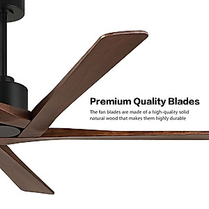 WINGBO 54 Inch DC Ceiling Fan without Lights, 5 Reversible Carved Solid Wood Blades, 6-Speed Noiseless DC Motor, Ceiling Fan No Light with Remote, Matte Black Finish with Walnut Blades, ETL Listed