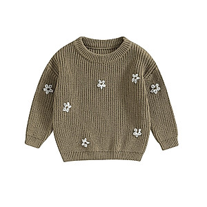 Toddler Baby Girl Boy Knit Sweater Round Neck Long Sleeve Pullover Sweatshirt Fall Winter Clothes (Flower Khaki, 2-3 Years)