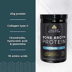 Ancient Nutrition Protein Powder Made from Real Bone Broth, Vanilla, 20g Protein Per Serving, 40 Serving Tub, Gluten Free Hydrolyzed Collagen Peptides Supplement, Great in Protein Shakes
