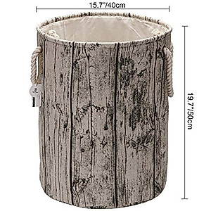 Sea Team 19.7" Large Size Stylish Tree Stump Wood Grain Canvas & Linen Fabric Laundry Hamper Storage Basket with Rope Handles, Birch
