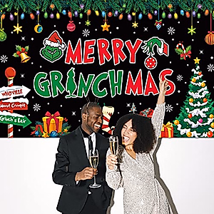 JKQ Merry Grinchmas Backdrop Banner 73 x 43 Inch Large Size Christmas Background Banner Xmas Party Decorations Christmas Holiday Baby Shower Birthday Indoor Outdoor Photo Booth Props
