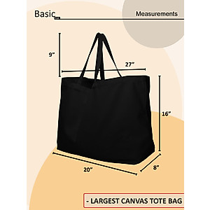 27" Large Canvas Tote Bag - Extra Big Largest Grocery Shopping Beach Reusable Totes Bags Vacation Plain Solid 27" X 16" X 8" (Black)