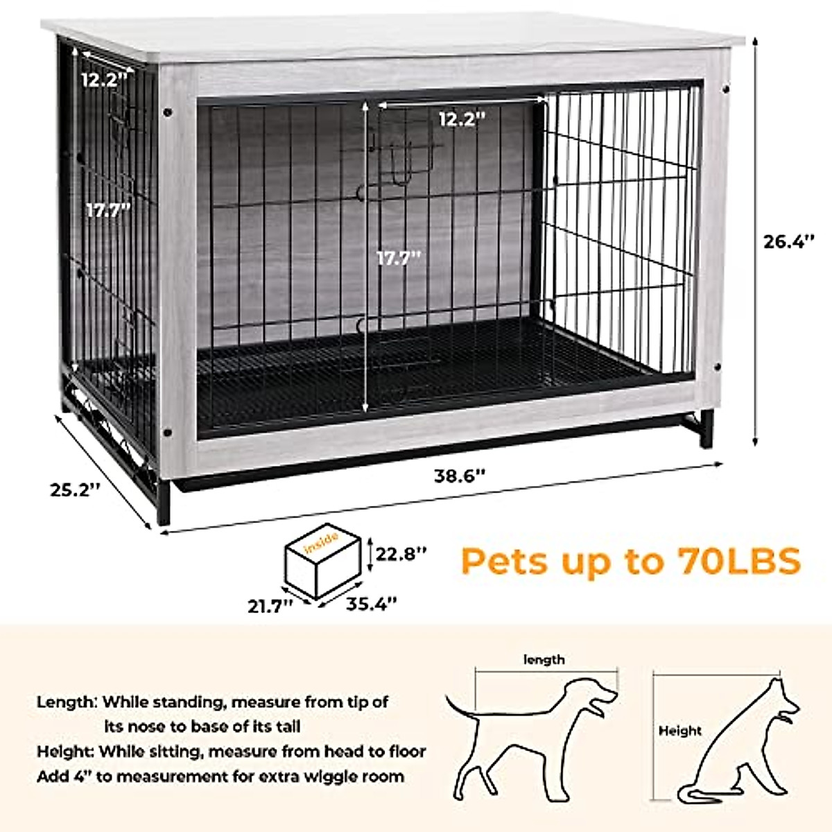 Arlopu 44.1/38.6/29.1 Large Dog Crate Furniture, Side End Table, Mordern Kennel, Wooden Heavy-Duty Dog Cage, Dog House, Indoor End Table, Night Stand,w/Removable Tray, Double-Door, 3mm(Dia) Wire