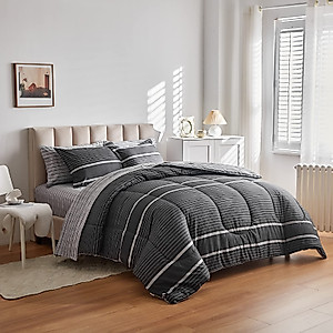 Flysheep 3 Pcs Boho Striped Comforter Set Twin Size for Kids, White Striped on Black Dark Grey Soft Microfiber Reversible Bedding Set for All Season