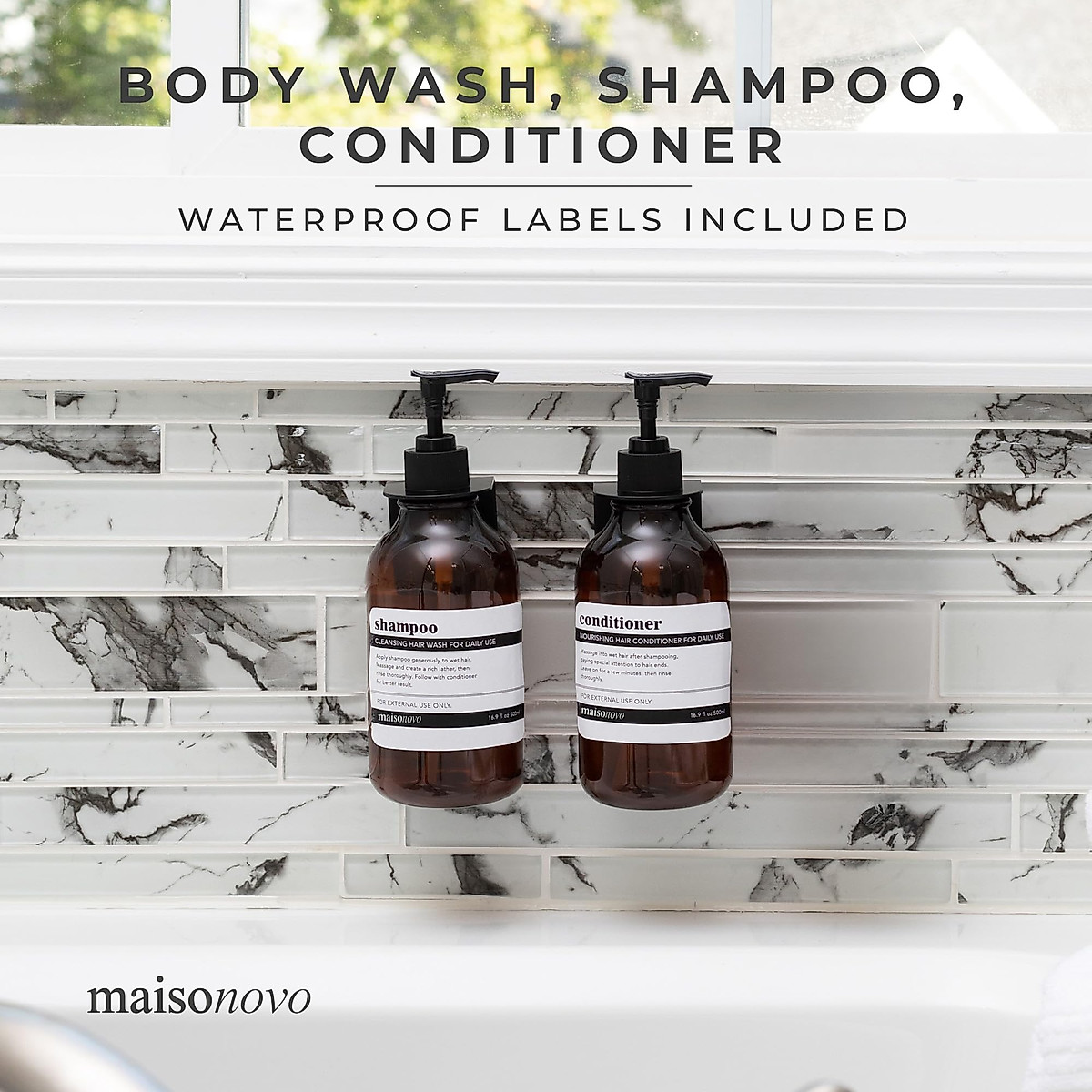 MaisoNovo Shampoo and Conditioner Dispenser with Wall Mounts - 4 Pack Mixed Scent Foaming Hand Soap Tablets + 1 Black Glass Dispenser