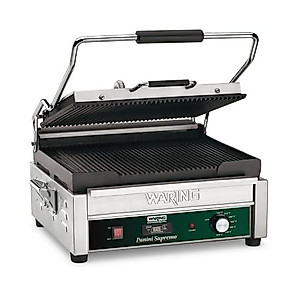 Waring Commercial WPG250T Panini Supremo Large Ribbed Panini Grill, With 20 Minute Countdown Timer, 120V, 1800W, 5-15 Phase Plug,Green