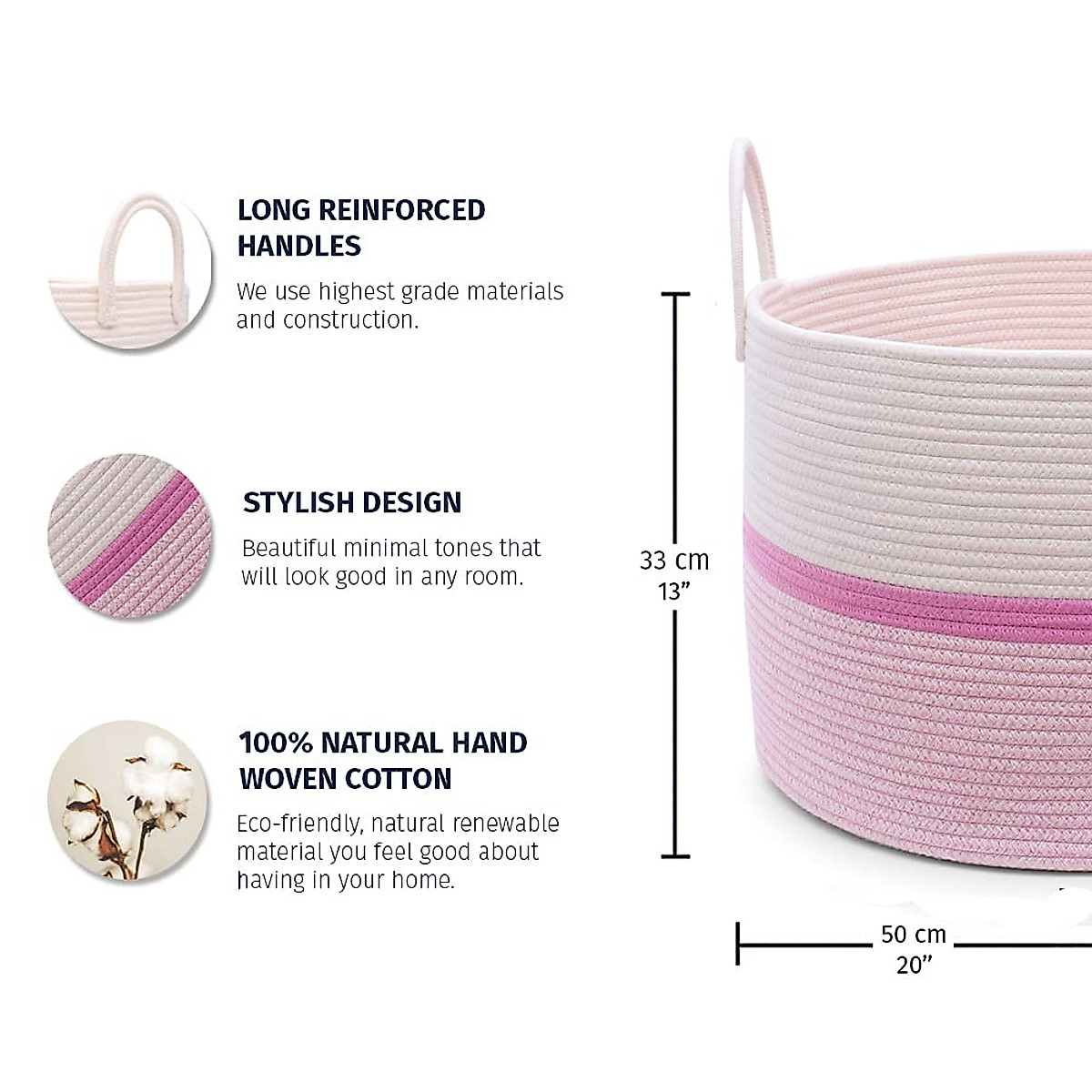 OrganiHaus Baby Laundry Basket 20x13, Large Cotton Rope Basket, Large Blanket Basket Living Room, Large Woven Basket, Extra Large Basket for Blankets Living Room, Pink Woven Laundry Basket