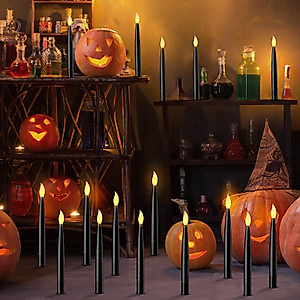 Liliful 24 Pcs Halloween Hanging Floating Candles Flameless LED Taper Candles Magic Hanging Flameless Candles Battery Operated Warm Light for Halloween Party Decor(Black, 6.3inch)