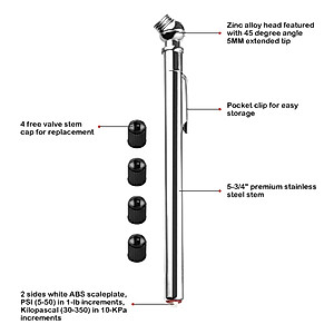CZC AUTO Pencil Tire Pressure Gauge, Mechanical Air Gage, Stainless Stem Single Chuck with Pocket Clip Tyre Checker for Motorcycle Bike Car RV SUV ATV, 5-50PSI 30-350KPa (Silver, 1 Pack)