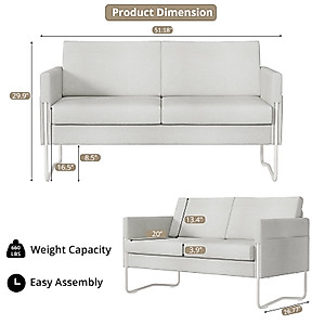 VOWNER Loveseat Sofa, 51" W Small Sofa Couch for Living Room, Modern Couches with Iron Legs, Linen Fabric Bedroom Small Couch for Small Space, Apartment, Office (Pearl Grey)