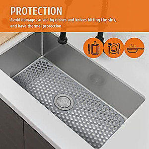 Silicone Sink Protectors for Kitchen, Sink Mat Grid for Bottom of Farmhouse Stainless Steel Porcelain Sink with Center Drain 26''x 14'' (Gray, 26x14in)