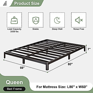 Lutown-Teen 7 Inch Low Queen Bed Frame with Rounded Corner Legs, 2000 LBS Heavy Duty Metal Slats Support Queen Platform Bed Frame No Box Spring Needed, Easy Assembly, Black