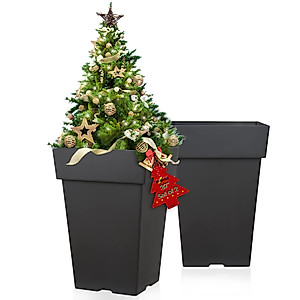kubvici Tall Planters for Outdoor Plants, 20 Inch Movable Drainage Large Indoor Planters, Set of 2 Plastic Planters for Front Porch Door Garden Balcony Deck, Dark Gray 20"