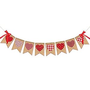 Valentine's Day Banners Valentine Burlap Banner Heart Burlap Banner Heart Banner Garland Valentines Day Decorations with Bows for Wedding Anniversary Birthday Party Decorations Supplies