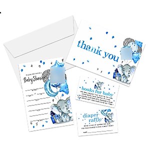 Baby Shower Invitation Set, Fill In Invites Cards, Books For Baby, Diaper Raffle, Thank You, Baby Shower, Each Design 25 Cards & Envelopes (Total 100 Cards) – (bb006-taozhuang)