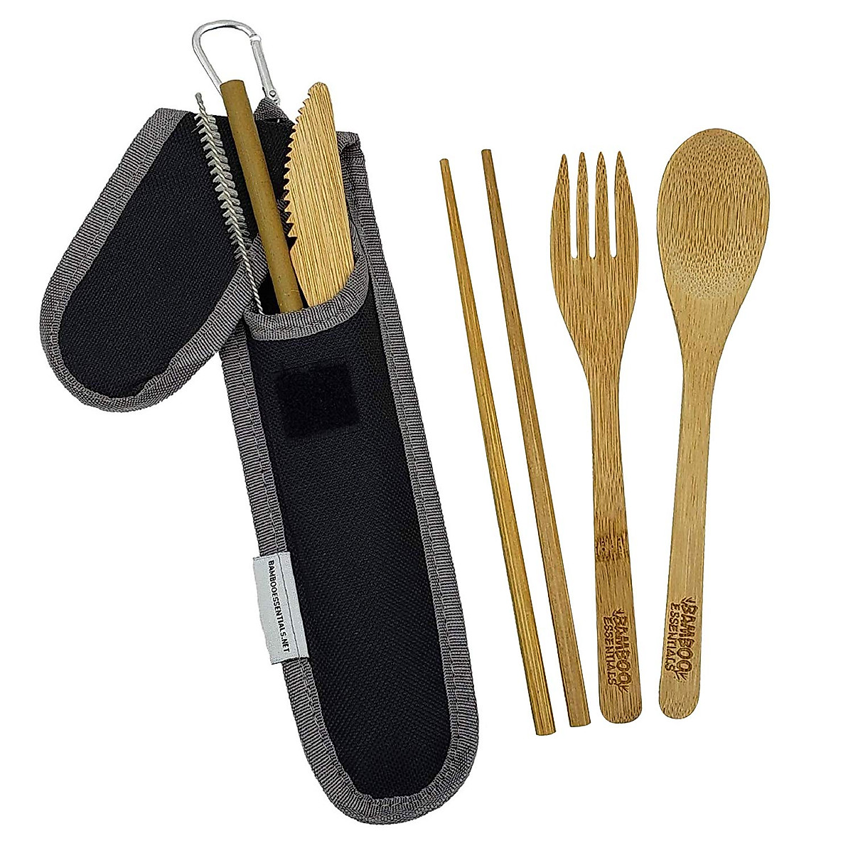 Bamboo Travel Utensil Set | Bamboo Fork, Knife, Spoon, Chopsticks, Straw, Straw-cleaning brush, Travel Pouch and Carabiner | Excellent For Everyday Use! ((1Set) Midnight Black)