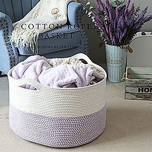 Sea Team XXXL Cotton Rope Basket, Large Woven Nursery Storage Bin, Laundry Hamper, Jumbo Blanket Basket for Rugs, Cushions, Pillows, Toys Organizer, 22 x 14 Inches, White & Mottled Lavender