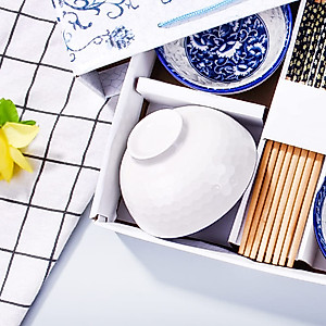Chinese Bowls and Chopsticks Set of 4 for Rice Soup, Ceramic Rice Bowls, Blue and White Porcelain Cereal Bowls with Delicate Box As a Gift