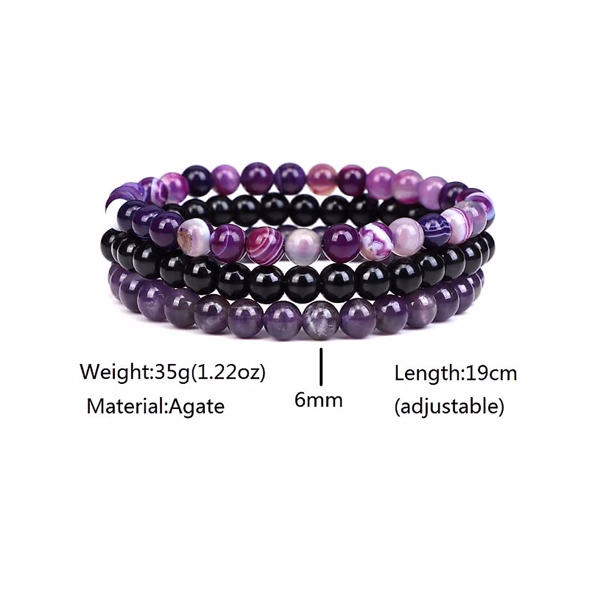 3Pcs 8mm Semi-Precious Gemstones Beaded Bracelets for Women Men Healing Crystal Stone Bracelet Stress Relief Stretch Round Beaded Elastic Luck Bracelets Unisex Friendship Jewelry Gifts-purple