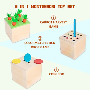 Wooden Montessori Toys for 1 2 3 Year Old Baby Gifts,Play Kit Box includes Carrot Harvest Games, Montessori Coin Box for 6-12 Months and Fine Motor Skills Toys for 1 Year Old (3-in-1)