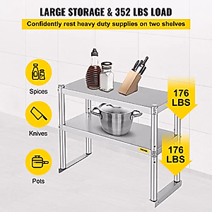 VEVOR Double Overshelf, Double Tier Stainless Steel Overshelf, 30 in. L x 12 in. W Double Deck Overshelf, Height Adjustable Overshelf for Prep & Work Table in Kitchen, Restaurant