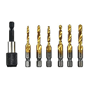 HUAZHICHUN Titanium Plating Combination Drill and Tap Bit Set,3-in-1 Screw Tapping Bit Tool,Hex Shank Drill Bits for Drilling, Tapping, with Quick-Change Adapter, 13 PCS SAE/Metric