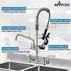 APPASO Commercial Sink Faucet with Pre-Rinse Sprayer, 8 Inch Center Wall Mount Kitchen Faucet 24” Height Compartment Sink Faucet with 12” Swivel Spout for Restaurant Industrial, Polished Chrome Finish