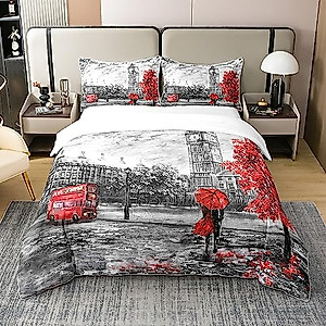 Big Ben Cotton Duvet Cover Set Queen Kids women Men London Romantic Couple Bedding Set Soft Breathable 100% Cotton Comforter Cover Set Grey Red Double Decker Bus Duvet Cover Bed Set Chic Bedroom Decor