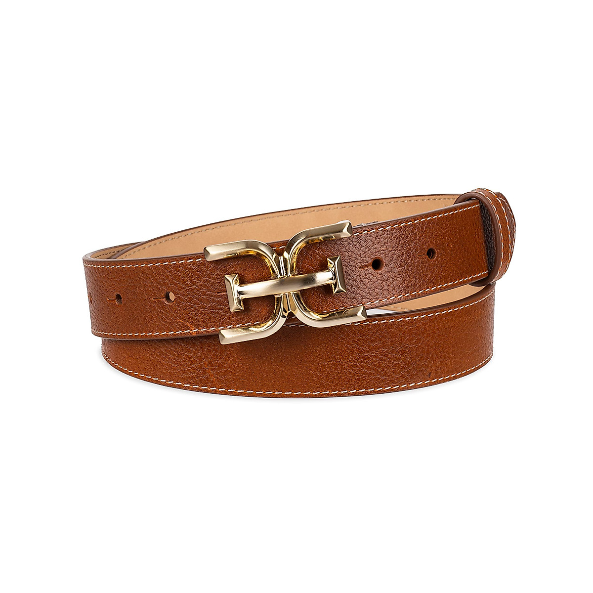 Sam Edelman Women's Slim Stitched Edge Double-E Plaque Buckle Belt, Saddle, Medium
