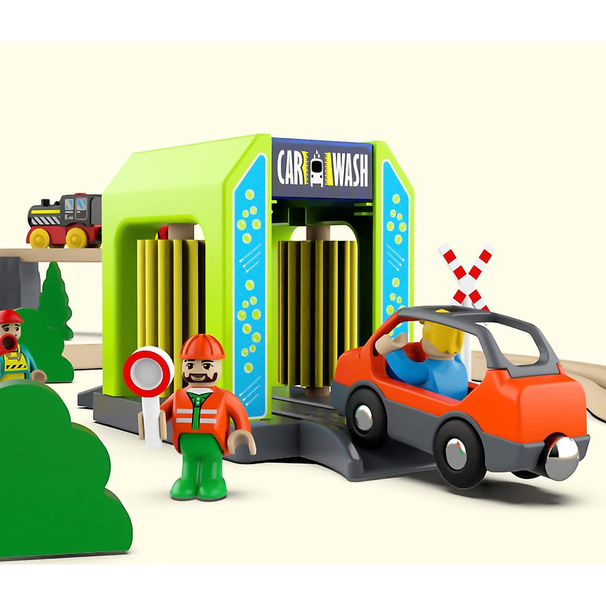 Wooden Train Accessories Car Washer for Railroad Train Track, Train Toys Accessory Compatible with All Major Brands of Train Set System, Railway Tracks Station for Kids Ages 3 and Up.
