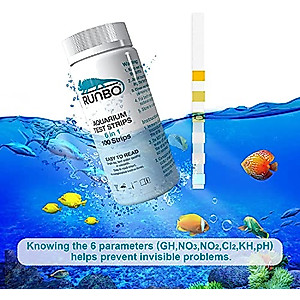 RUNBO Aquarium Test Strips 6 in1 for Fresh/Salt Water Fish Tank Aquarium, 100 Count Easy and Accurate Test Nitrate, Nitrite, General Hardness, Free Chlorine, Carbonate, Ph