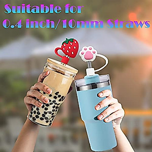 8pcs Straw Covers Cap for 0.4 inch/10mm Straws, Dust-Proof Straw Cap Tip Silicone Toppers Cartoon Reusable Plugs for Tumblers