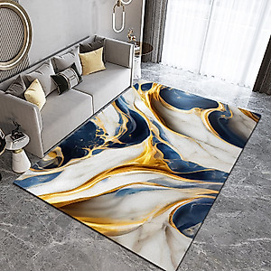 Blue Gold White Marble Area Rugs, Machine Washable Entrance Carpet, Living Room Carpet Fuzzy Plush Soft with Non-Slip Backing Apply to Office Family and Pet Farmhouse,5×8ft/150 * 240cm