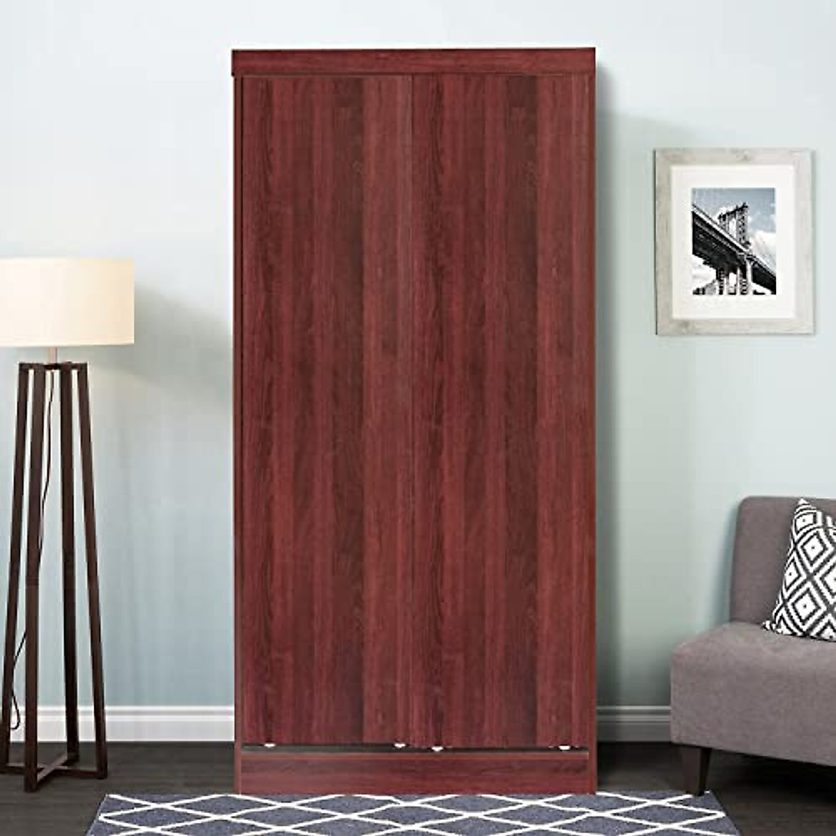 Better Home Products Modern Wood Double Sliding Door Wardrobe Mahogany