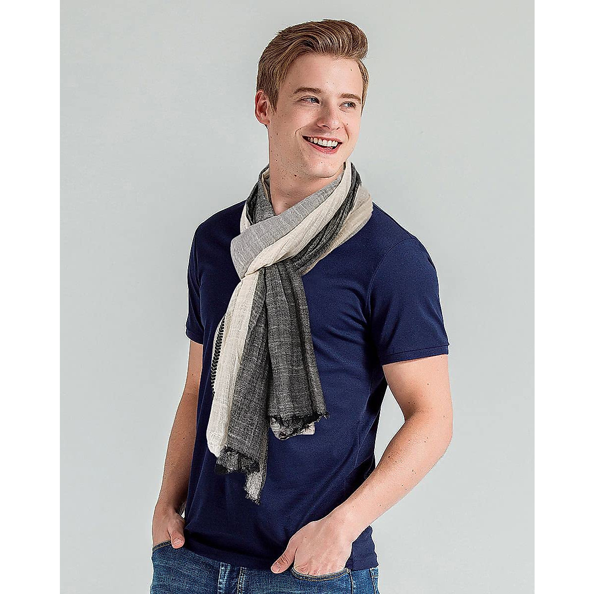 GERINLY Color Block Summer Scarf for Men Long Neck Wraps Shawl Urbanstyle Scarf Gift for Men (Black Gray Beige)