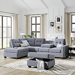 UBGO Sectional, Living Room Furniture Sets,L-Shaped Storage Ottoman&Cup Holders,Upholstered Couch for Large Space Apartments,3-Seate Sofa with Extra Wide Reversible Chaise,Gray