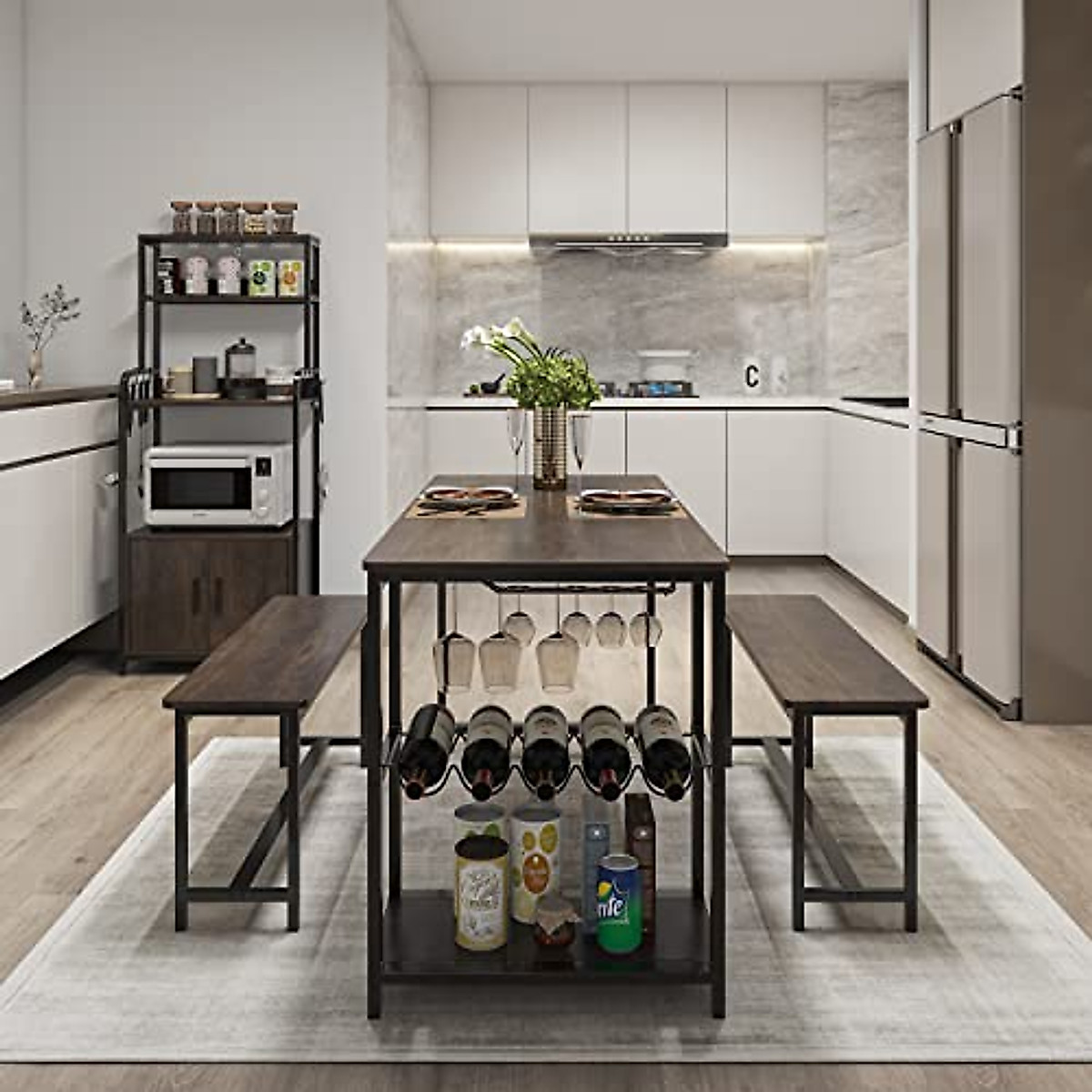 HITHOS 3-Piece Dining Table Set, Rustic Wood Kitchen Dinner Table with Benches for 4, Breakfast Nook Table with Wine Rack and Glass Holder, Dark Brown