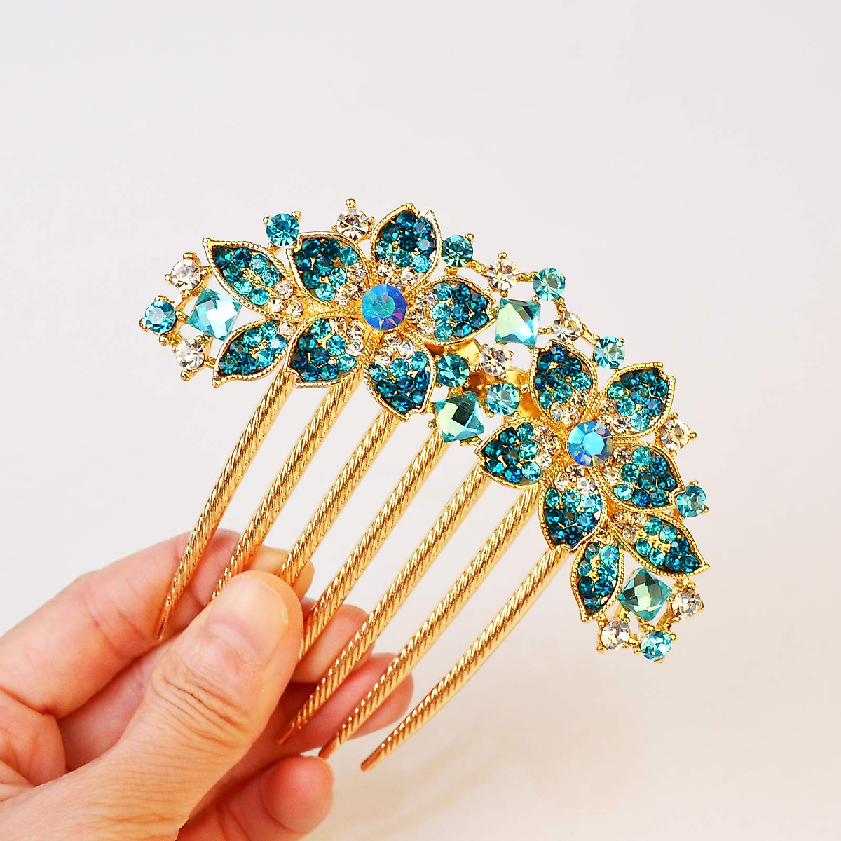 Sankuwen Women Rhinestone Inlaid Flower Hair Comb Hairpin Barrette Accessory,Also Perfect Mother's Day Gifts for Mom (Blue)