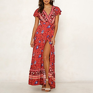 Casual Dresses for Women Midi Length Ladies Summer Casual V Neck Floral Print High Waist Belt Short Sleeve Hem Slit Wrap