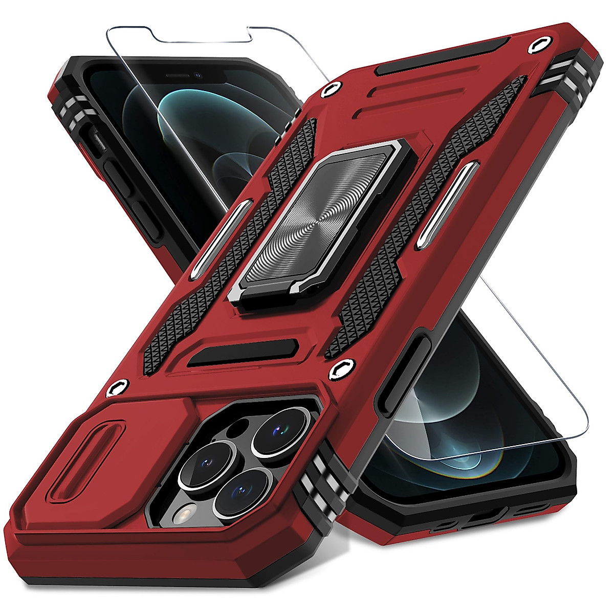 DEERLAMN for iPhone 13 Pro Max Case with Slide Camera Cover+Screen Protector(1 Pack),Rotated Ring Kickstand Military Grade Shockproof Protective Cover 6.7 Inch-Red