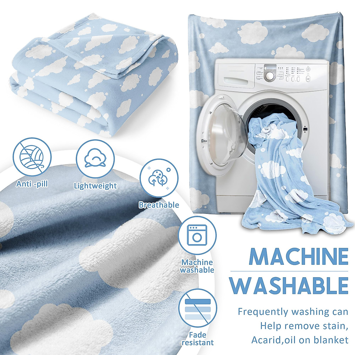 Cloud Blanket, Cloud Print Throw Blanket, Blue and White Gift for Girl and Boy, Lightweight Soft Cute Cloud Fleece Blanket for Sofa Chairs Bed 40" x 30" for Pet