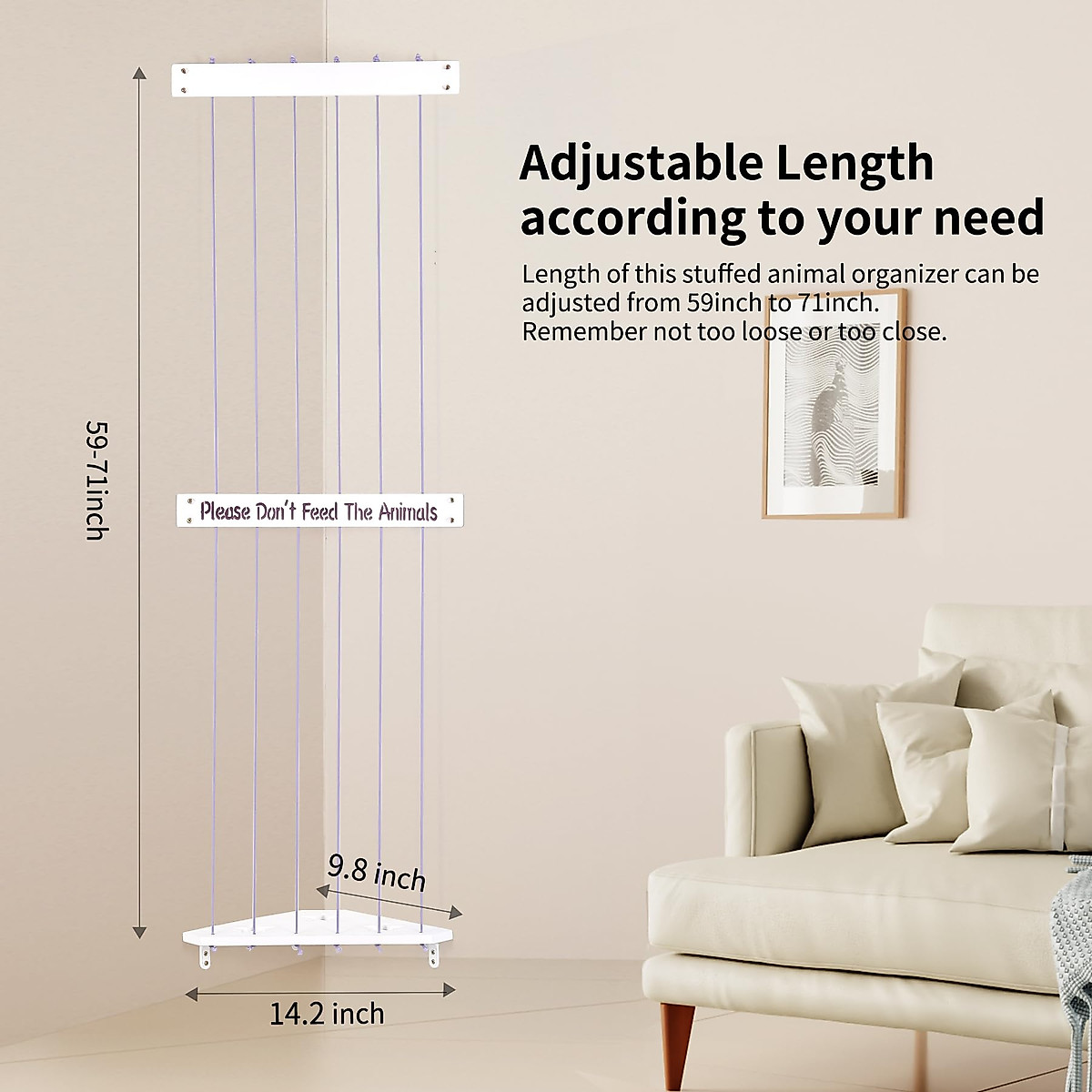 Stuffed Animal Storage Soft Toy Organizer, Kids Room Stuffed Animal Holder Zoo with Adjustable Length Large Corner Plush Toy Shelf Wall Hanging Storage for Nursery Playroom Bedroom